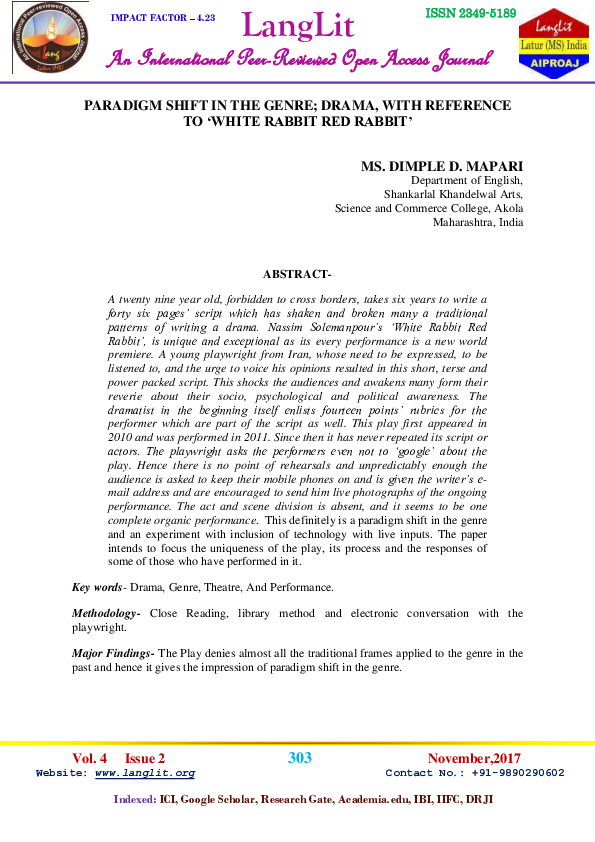 (PDF) PARADIGM SHIFT IN THE GENRE; DRAMA, WITH REFERENCE TO 'WHITE ...
