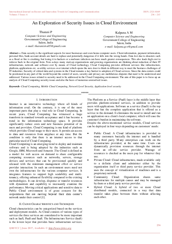 (PDF) An Exploration of Security Issues in Cloud Environment
