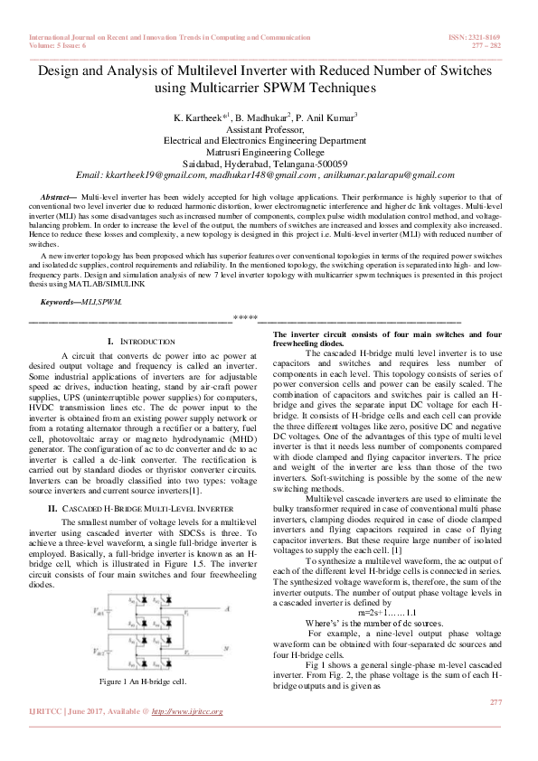 Pdf Design And Analysis Of Multilevel Inverter With Reduced Number Of Switches Using