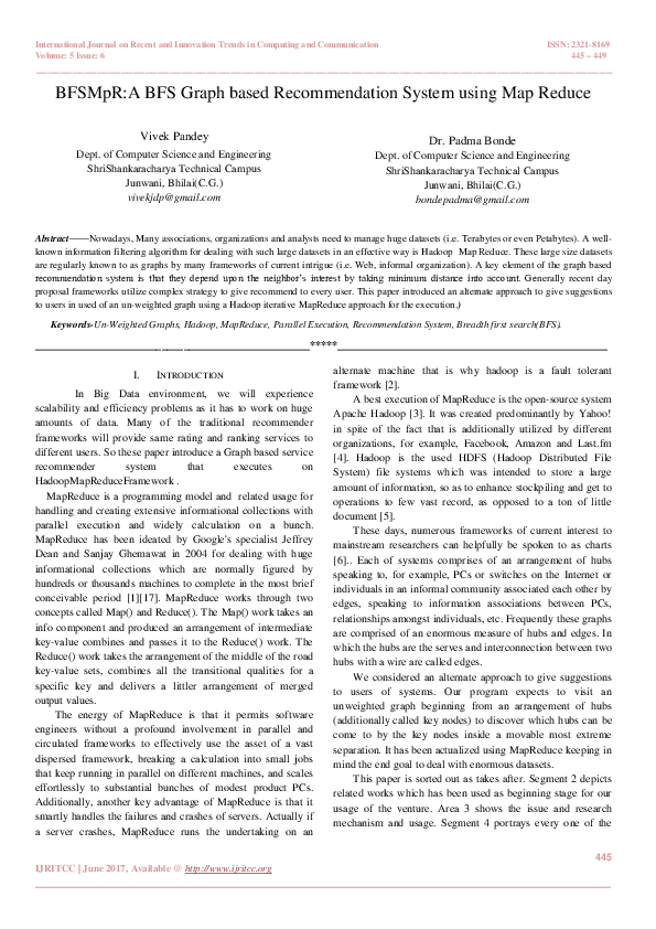 (PDF) BFSMpR:A BFS Graph based Recommendation System using Map Reduce