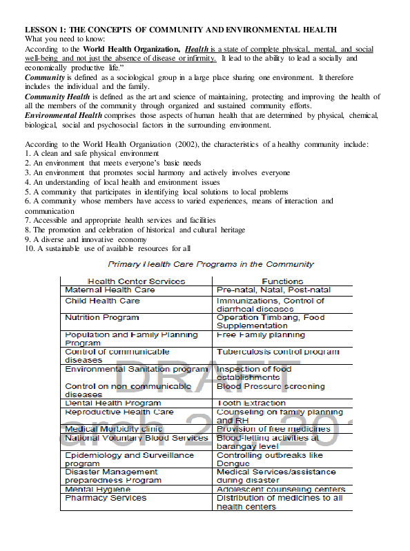 (PDF) LESSON 1: THE CONCEPTS OF COMMUNITY AND ENVIRONMENTAL HEALTH