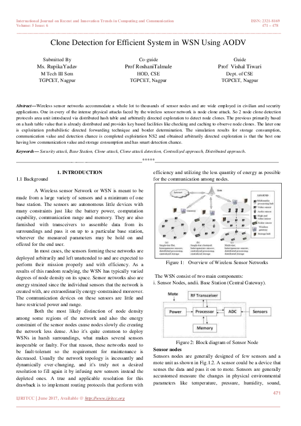 Pdf Clone Detection For Efficient System In Wsn Using Aodv