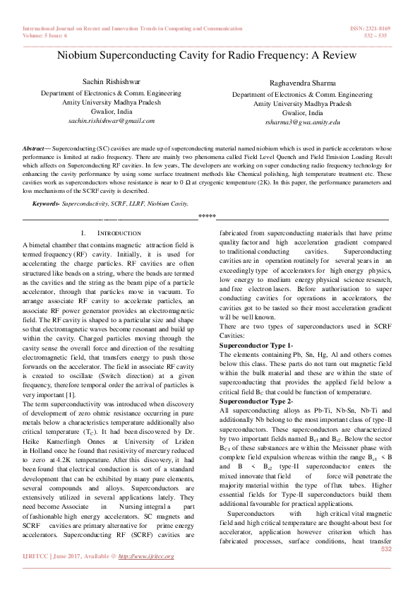 (PDF) Niobium Superconducting Cavity for Radio Frequency: A Review