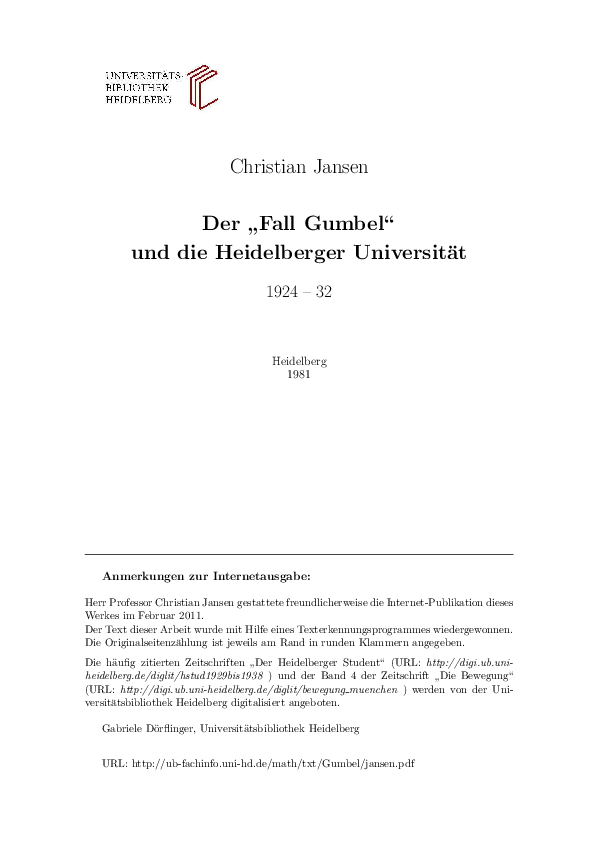 (PDF) Der ,,Fall Gumbel'' und die Heidelberger Universität 1924 - 1932