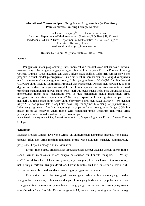(PDF) Allocation of Classroom Space Using Linear Programming (A Case Study: Premier Nurses ...