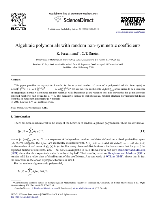 (PDF) Algebraic polynomials with random non-symmetric coefficients