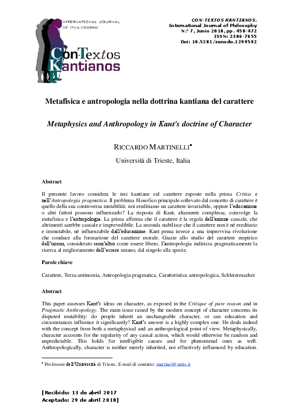 (PDF) Metafisica e antropologia nella dottrina kantiana del carattere