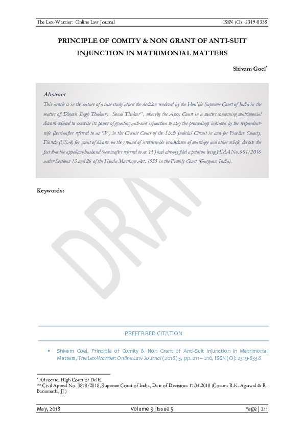 (PDF) PRINCIPLE OF COMITY & NON GRANT OF ANTI-SUIT INJUNCTION IN ...