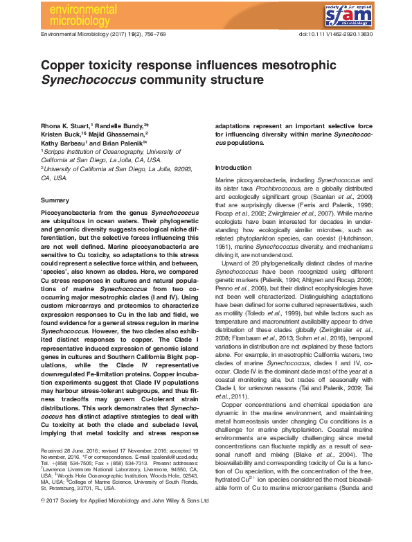 (PDF) Copper toxicity response influences mesotrophic Synechococcus community structure