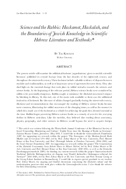 (PDF) Science and the Rabbis: Haskamot, Haskalah, and the Boundaries ...