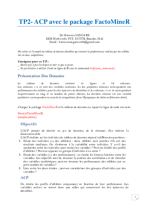 (PDF) TP2-ACP avec le package FactoMineR