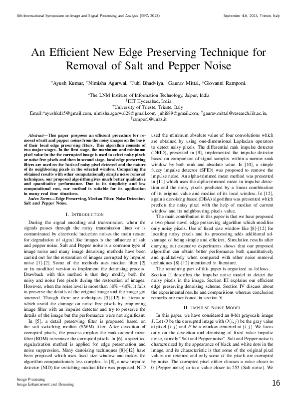 (PDF) An Efficient New Edge Preserving Technique for Removal of Salt and Pepper Noise