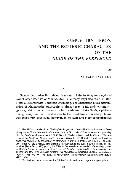 (PDF) Aviezer Ravitzky, “Samuel Ibn Tibbon and the Esoteric Character ...