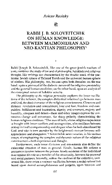 (PDF) Aviezer Ravitzky, “Rabbi Soloveitchik on Human Knowledge: Between ...