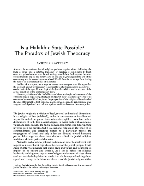 (PDF) Aviezer Ravitzky, “Is a Halakhic State Possible? The Paradox of ...