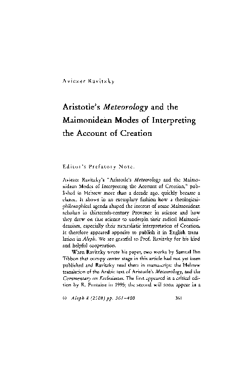 (PDF) Aviezer Ravitzky, “Aristotle’s ‘Meteorology’ and the Maimonidean ...