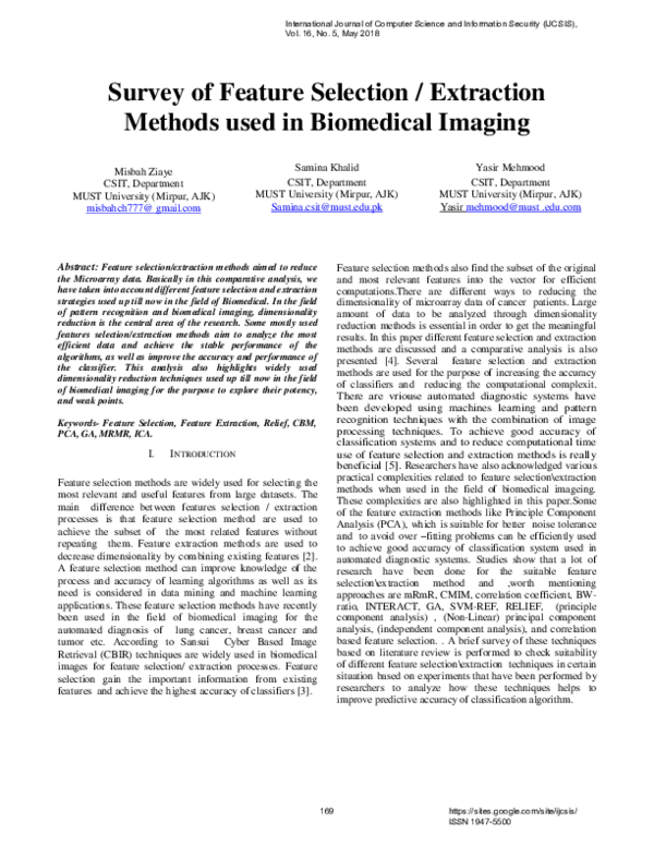 Pdf Survey Of Feature Selection Extraction Methods Used In Biomedical Imaging