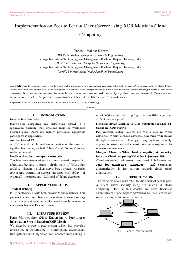 (PDF) Implementation on Peer to Peer & Client Server using XOR Metric in Cloud Computing