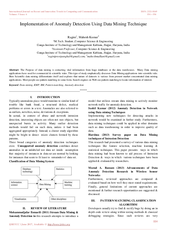 Pdf Implementation Of Anomaly Detection Using Data Mining Technique 5776