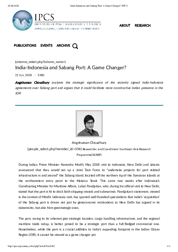 (PDF) India‑Indonesia and Sabang Port: A Game Changer?