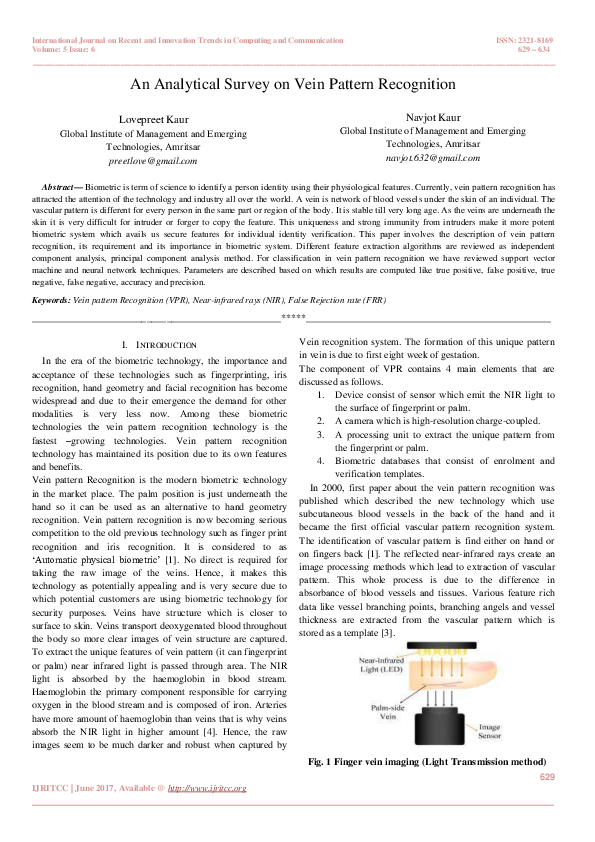 Pdf An Analytical Survey On Vein Pattern Recognition International Journal Ijritcc 