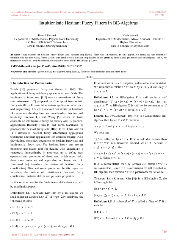 (PDF) Intuitionistic Hesitant Fuzzy Filters in BE-Algebras