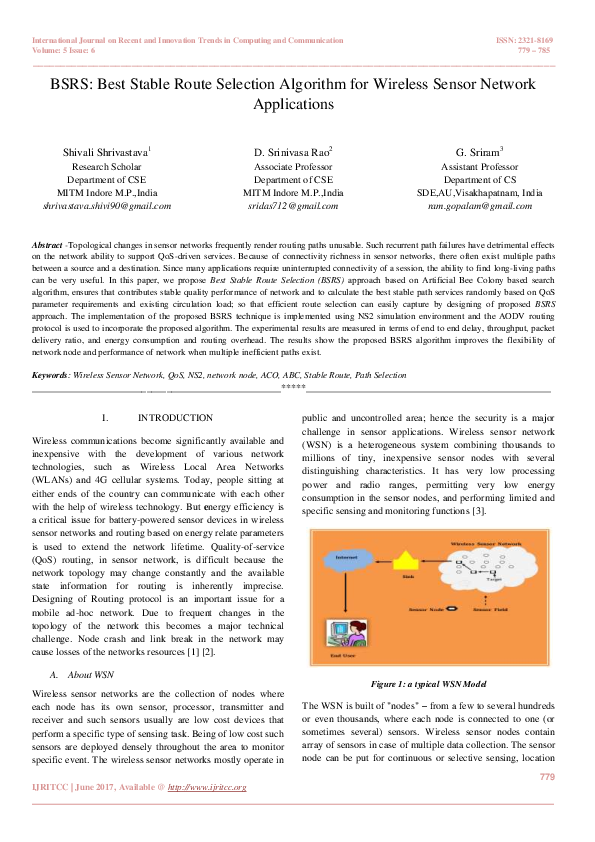 (PDF) BSRS: Best Stable Route Selection Algorithm for Wireless Sensor Network Applications