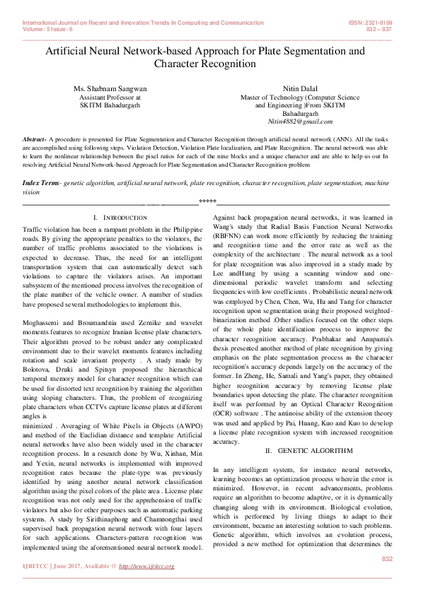 (PDF) Artificial Neural Network-based Approach for Plate Segmentation and Character Recognition