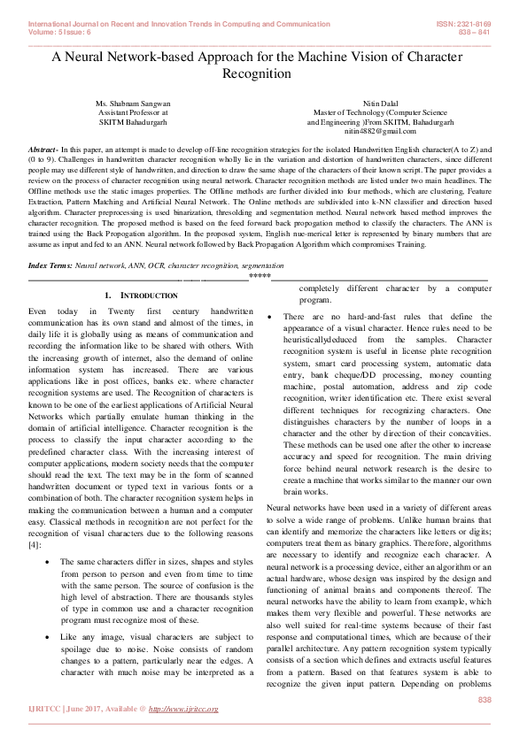 Pdf A Neural Network Based Approach For The Machine Vision Of Character Recognition