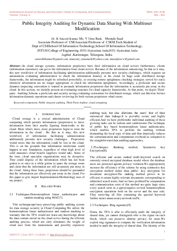 Pdf Public Integrity Auditing For Dynamic Data Sharing With Multiuser Modification