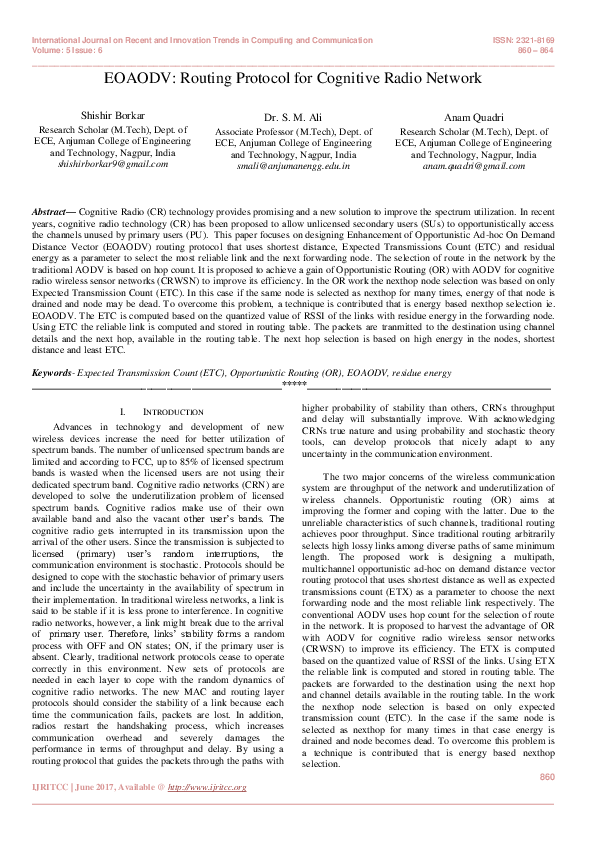 (PDF) EOAODV: Routing Protocol for Cognitive Radio Network