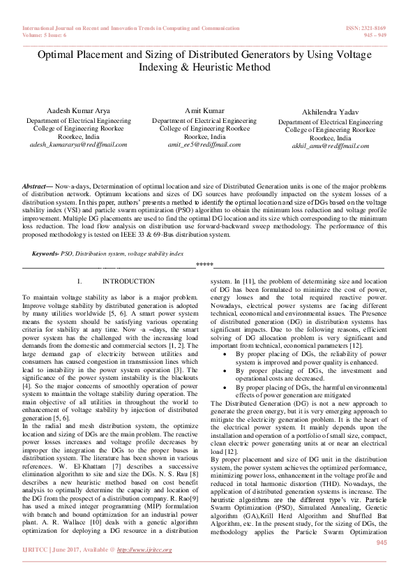 Pdf Optimal Dg Placement Using Vsi And Pso