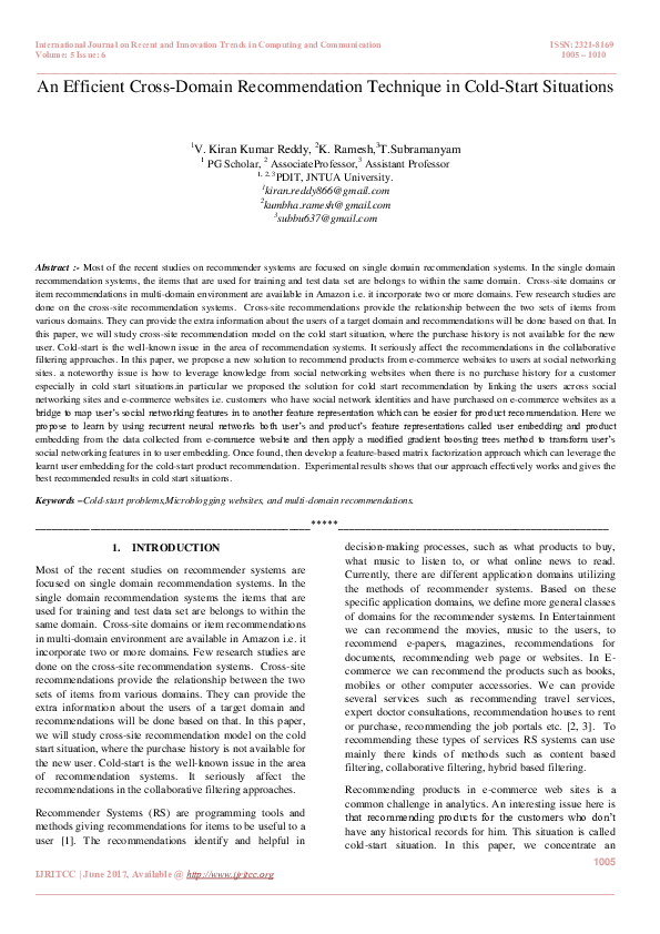 Pdf An Efficient Cross Domain Recommendation Technique In Cold Start
