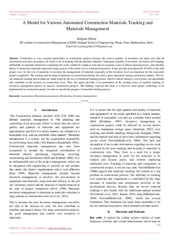 (PDF) A Model for Various Automated Construction Materials Tracking and ...