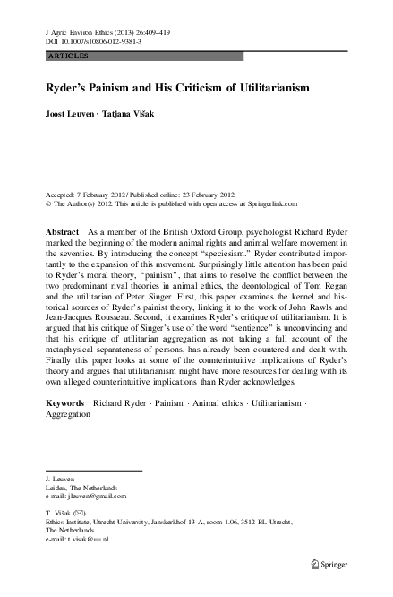 (PDF) Ryder's Painism and His Criticism of Utilitarianism