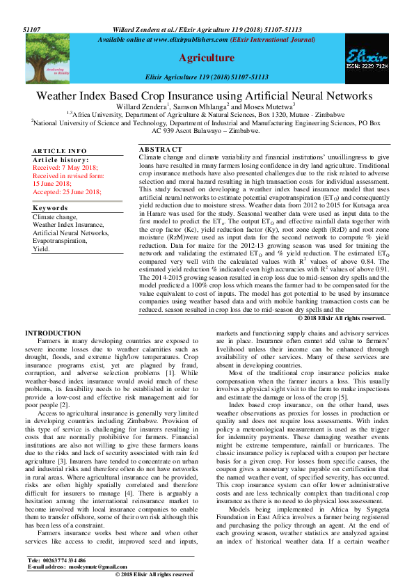 (PDF) Weather index based crop insurance using artificial neural networks