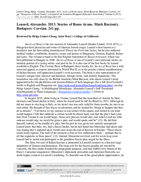 (PDF) Review of Lenard, Alexander. 2013. Stories of Rome (trans. Mark ...