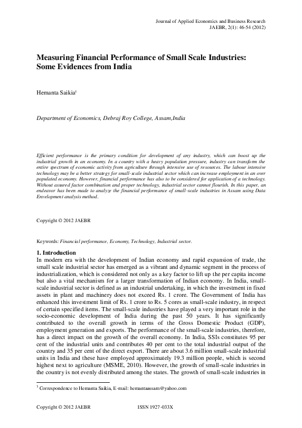 (PDF) Measuring Financial Performance of Small Scale Industries: Some Evidences from India