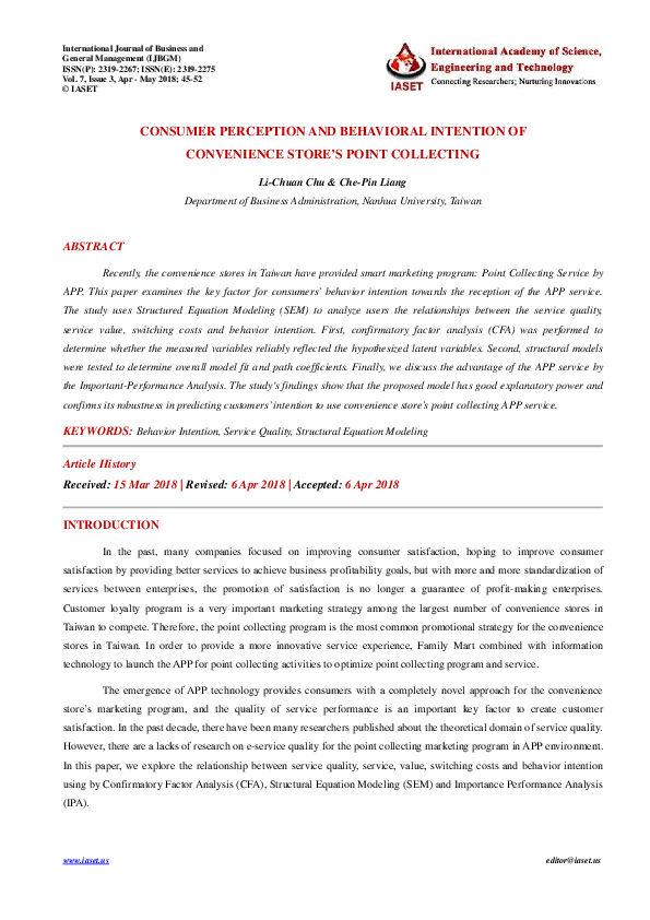 (PDF) CONSUMER PERCEPTION AND BEHAVIORAL INTENTION OF CONVENIENCE STORE ...