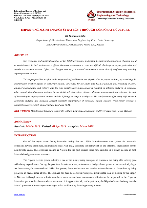 (PDF) IMPROVING MAINTENANCE STRATEGY THROUGH CORPORATE CULTURE