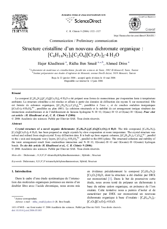 (PDF) Structure cristalline d'un nouveau dichromate organique ...