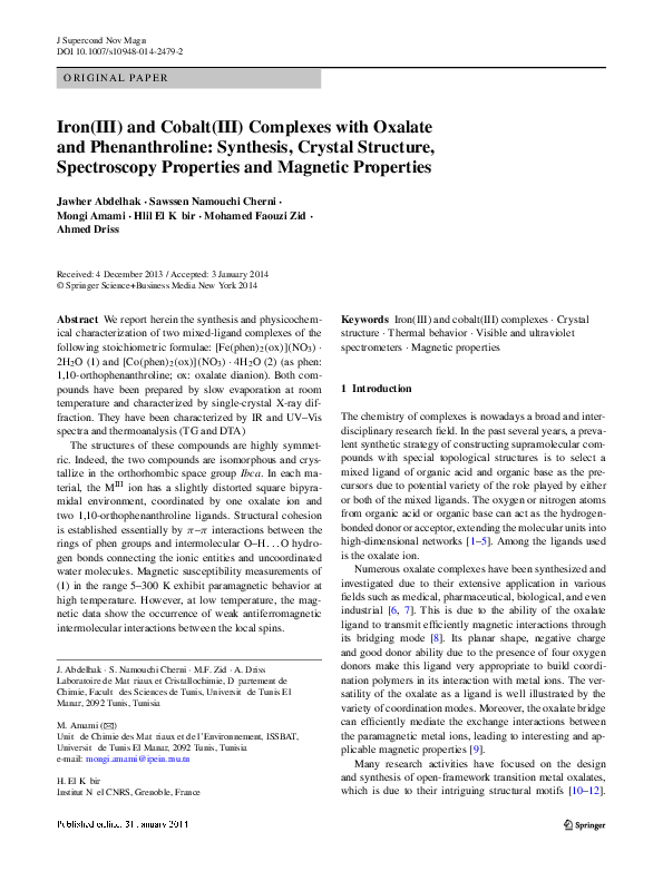 (PDF) Iron(III) and Cobalt(III) Complexes with Oxalate and Phenanthroline: Synthesis, Crystal ...