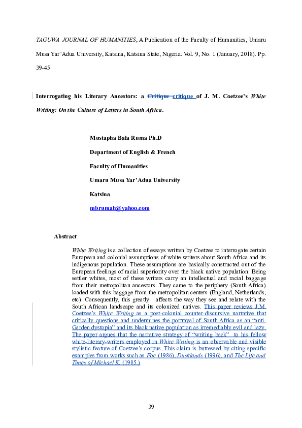 (DOC) TAGUWA JOURNAL OF HUMANITIES, A Publication of the Faculty of ...