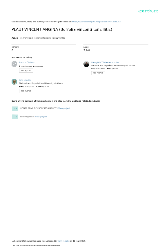 (PDF) PLAUT-VINCENT ANGINA (Borrelia vincenti tonsillitis)