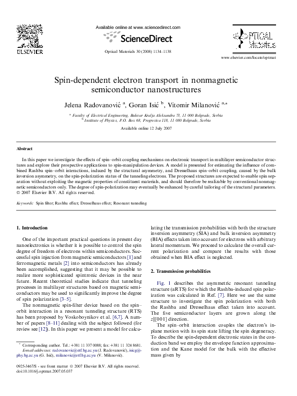 (PDF) Spin-dependent electron transport in nonmagnetic semiconductor nanostructures | Jelena ...