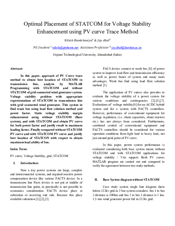 (PDF) Optimal Placement of STATCOM for Voltage Stability Enhancement using PV curve Trace Method