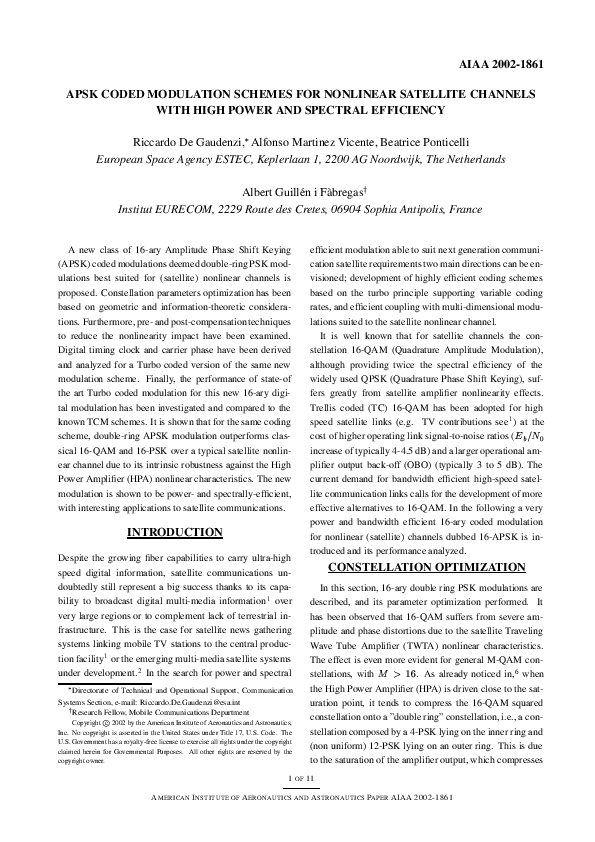 (PDF) Apsk Coded Modulation Schemes for Nonlinear Satellite Channels with High Power and ...