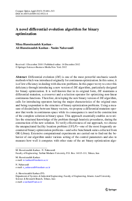 Pdf A Novel Differential Evolution Algorithm For Binary Optimization
