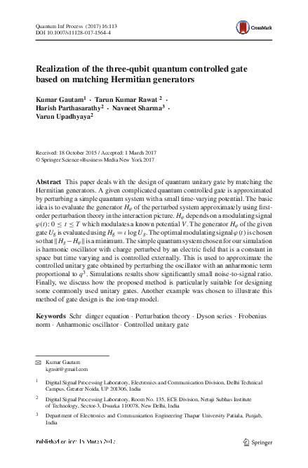 Pdf Realization Of The Three Qubit Quantum Controlled Gate Based On Matching Hermitian Generators