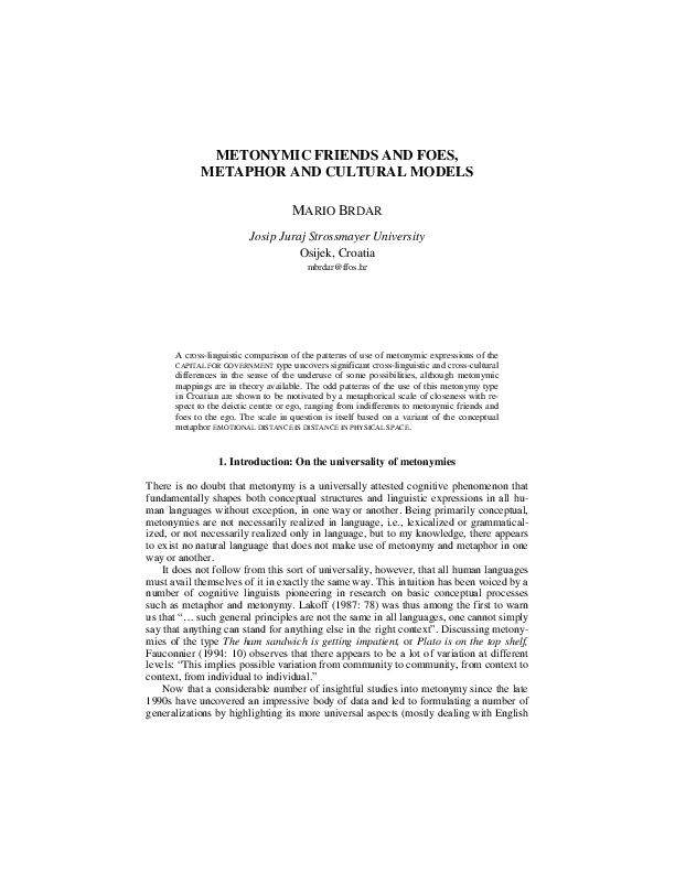 (PDF) METONYMIC FRIENDS AND FOES, METAPHOR AND CULTURAL MODELS